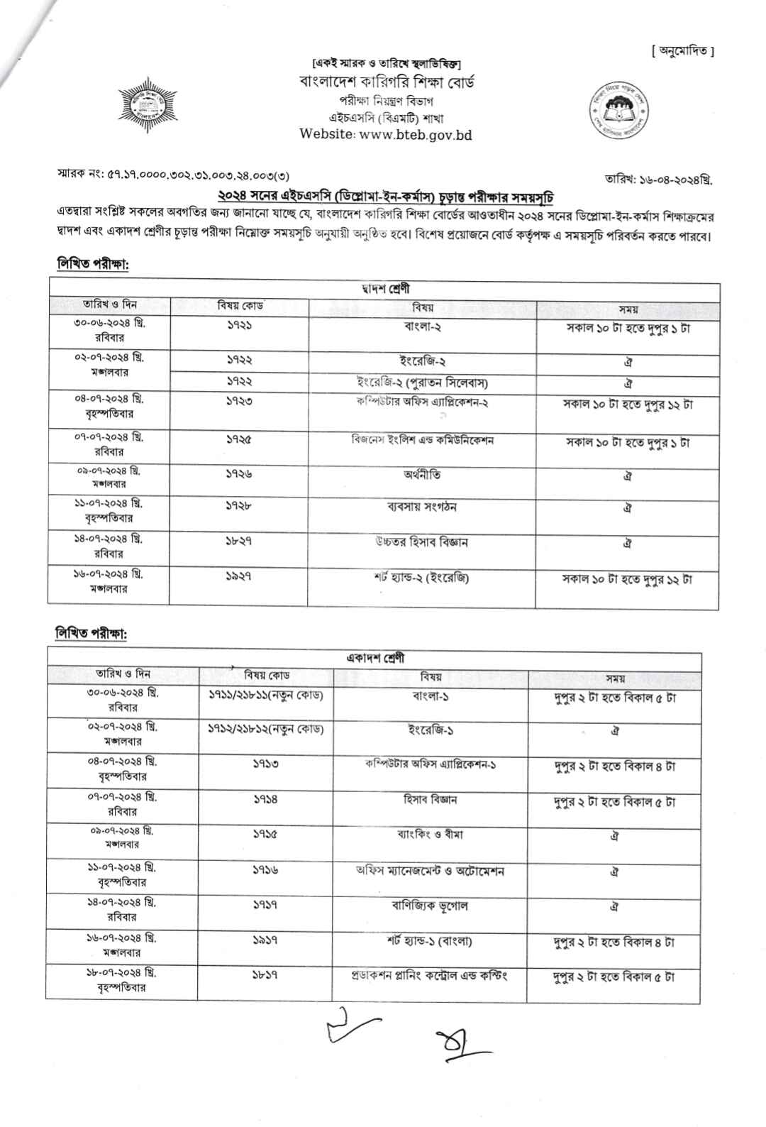 BTEB Exam Routine 2025 - Download PDF File